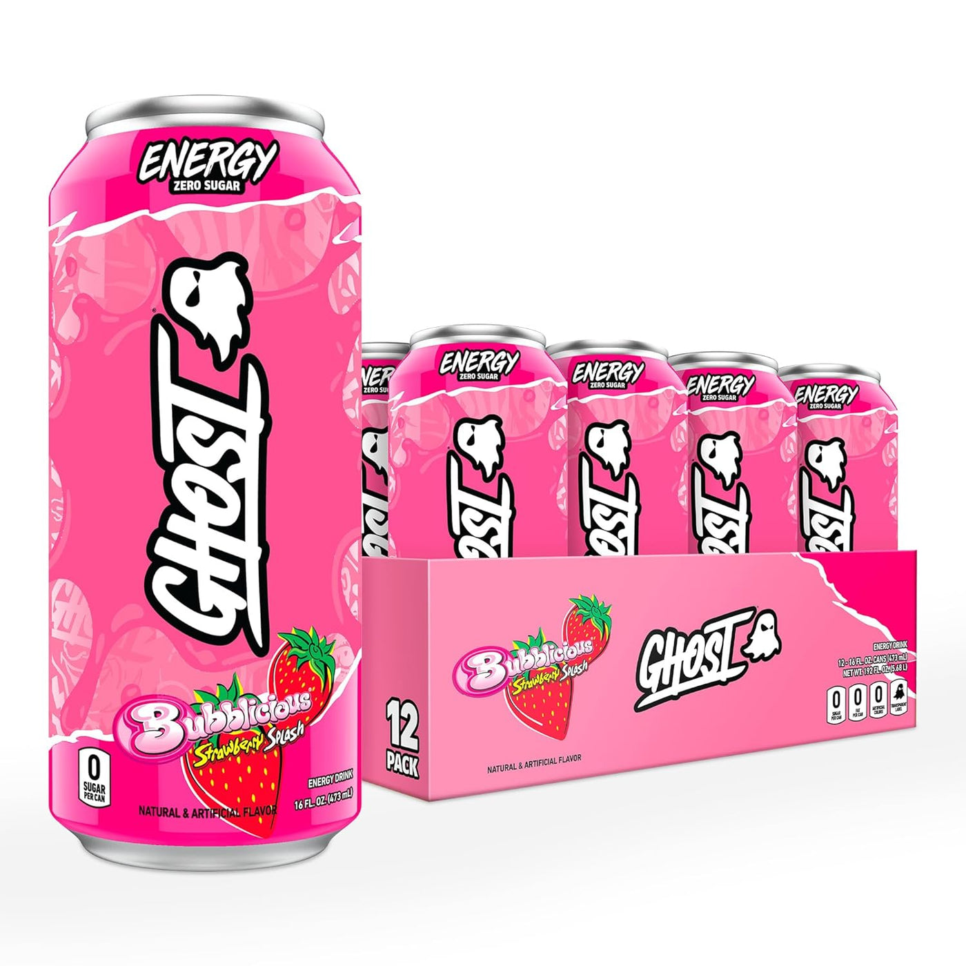 [Pack of 12] GHOST ENERGY Sugar-Free Energy Drink, Bubblicious Strawbe